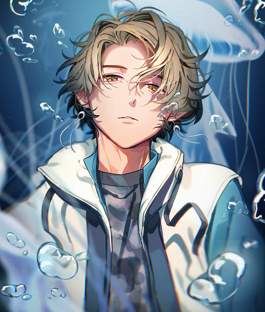 Safebooru - 1boy aam09212 air bubble brown hair bubble earrings highres ...