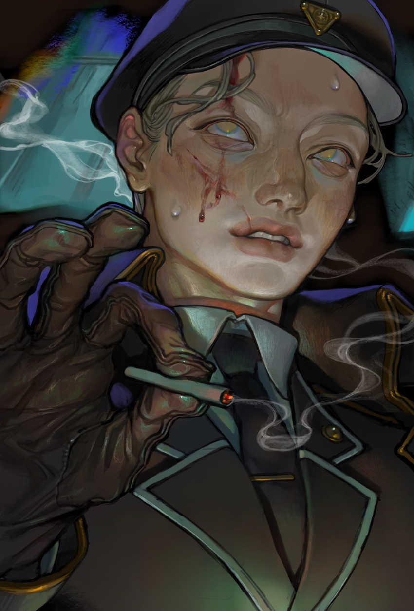 Safebooru - 1boy absurdres black gloves black hat black jacket black necktie blazer bleeding ...