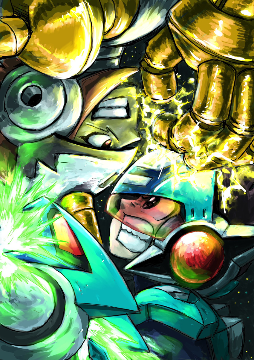 Safebooru - 2boys arm cannon blue helmet clenched teeth close-up ...