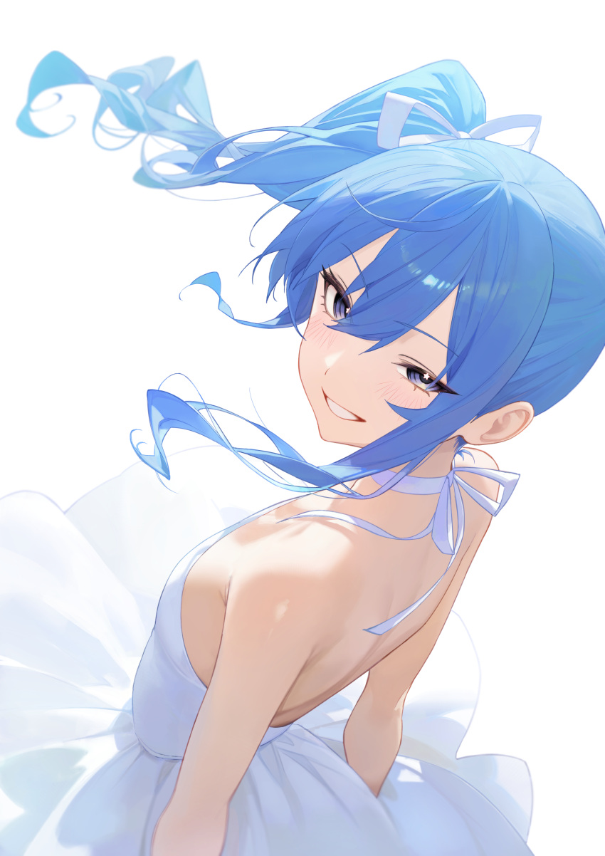 Safebooru - 1girl :d absurdres backless dress backless outfit bare arms blue eyes blue hair ...