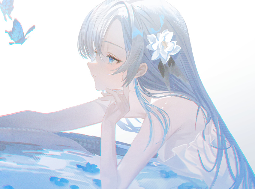 Safebooru - 1girl bare shoulders blue butterfly blue eyes blue hair bug butterfly cute mdr dress ...