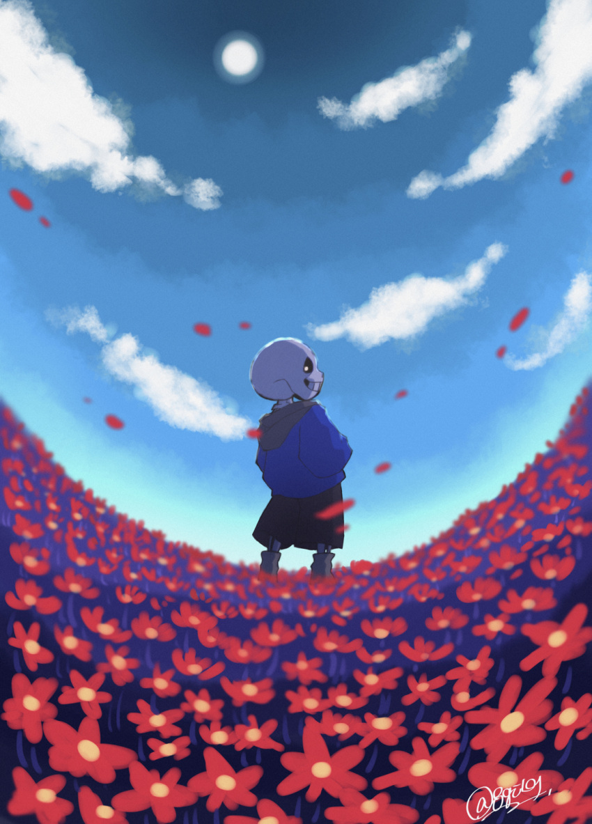 Safebooru - 1boy back black shorts blue jacket clouds cloudy sky field ...