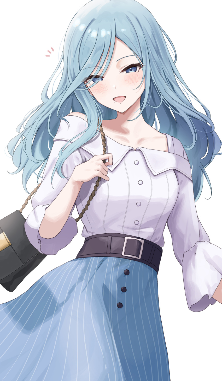Safebooru - 1girl :d absurdres bag belt black bag black belt blue eyes blue hair blue skirt ...