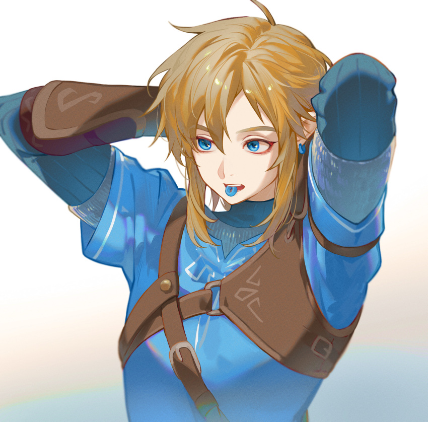 Safebooru - 1boy armor arms up belt belt buckle blonde hair blue eyes blue shirt blue tunic ...
