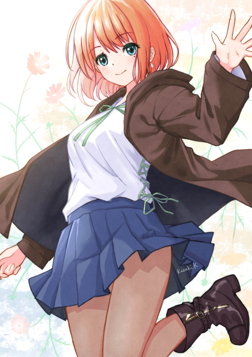 Safebooru - 1girl blue eyes blue skirt boots brown boots brown coat closed mouth coat cosmos ...