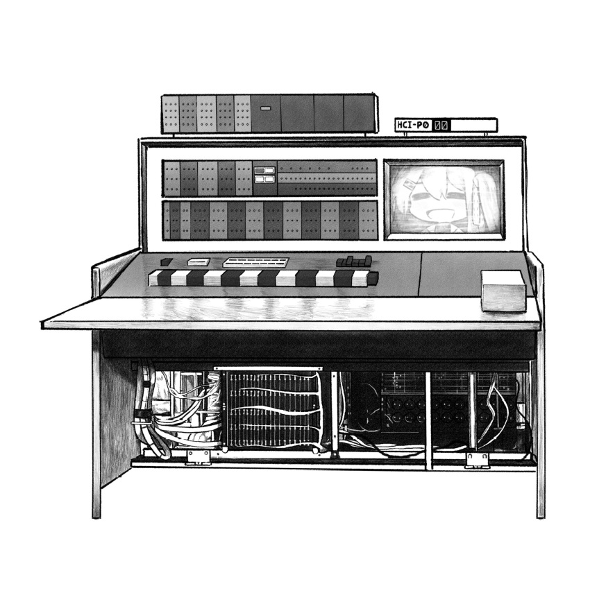 Safebooru - 1girl = = a.i. voice adachi rei cable computer greyscale ...