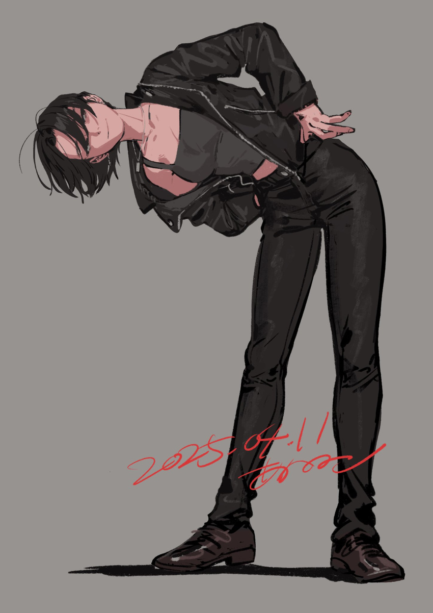 Safebooru - 1girl akaneko (redakanekocat) black hair black jacket black pants brown shoes grey ...