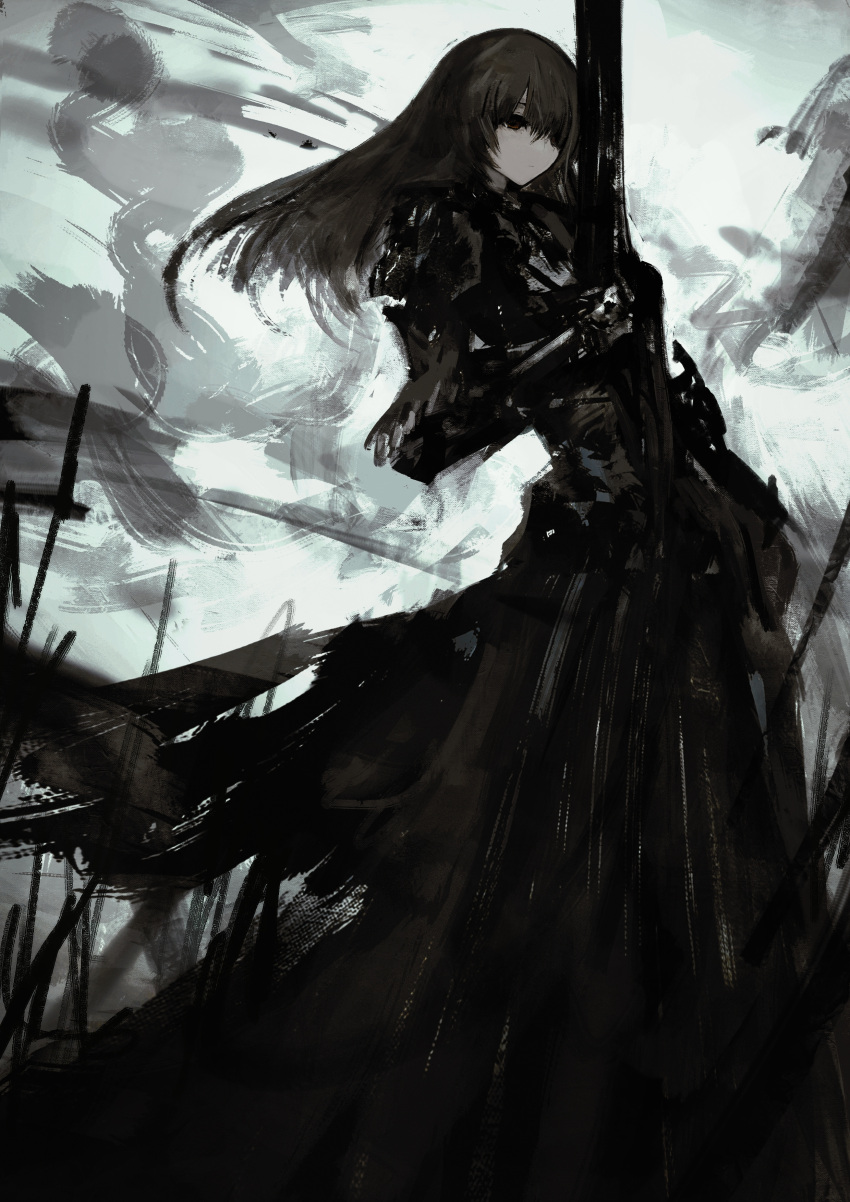 Safebooru - 1girl absurdres armor asymmetrical bangs aura black armor black hair closed mouth ...