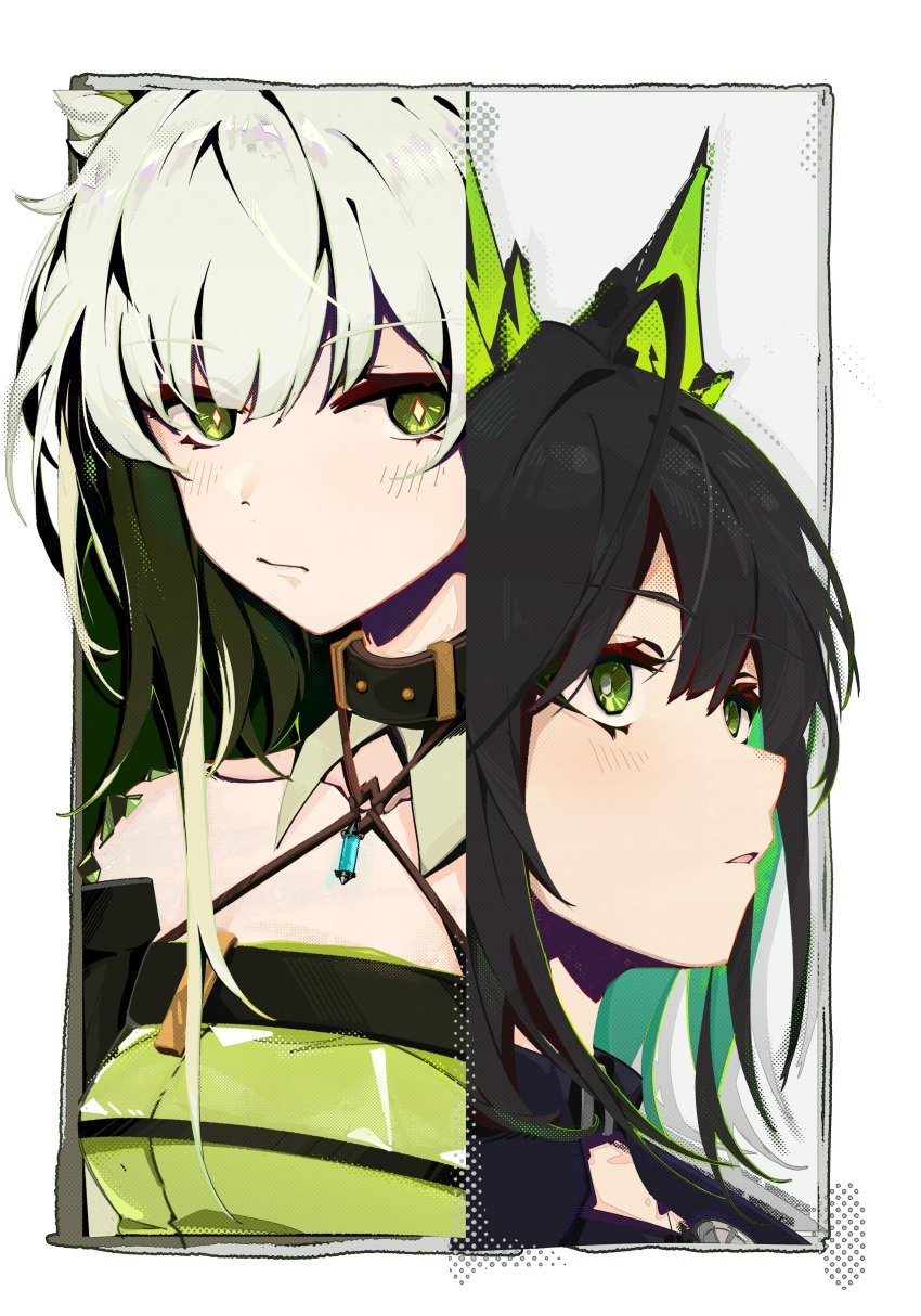 Safebooru - 2girls absurdres animal ears arknights bare shoulders black hair blush border bright ...