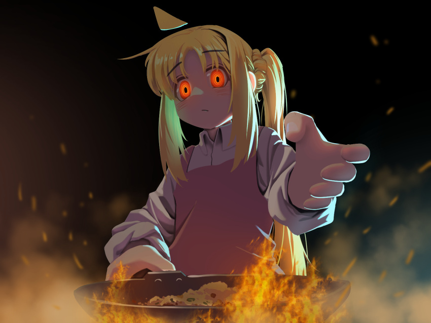 Safebooru - 1girl ahoge apron black background blonde hair bocchi the rock! collared shirt ...