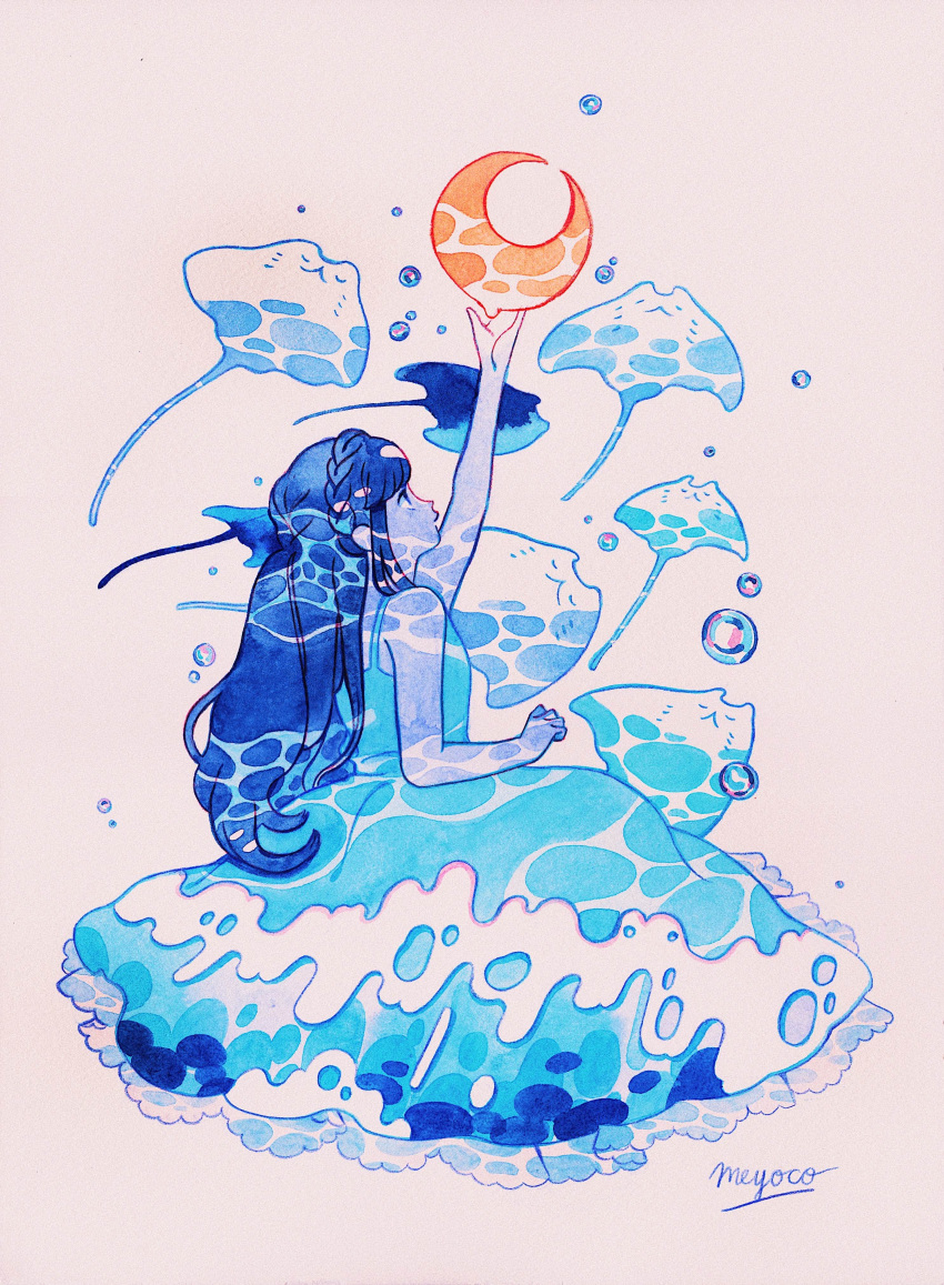 Safebooru - 1girl absurdres blue hair braid crescent moon dress highres ...