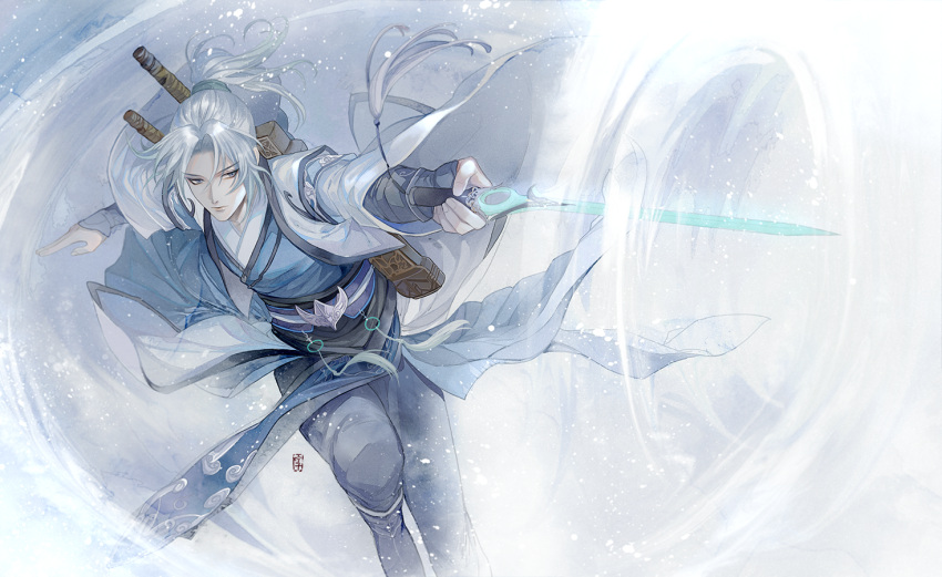 Safebooru - 1boy black boots black pants blue eyes blue hanfu boots chinese clothes cloak closed ...