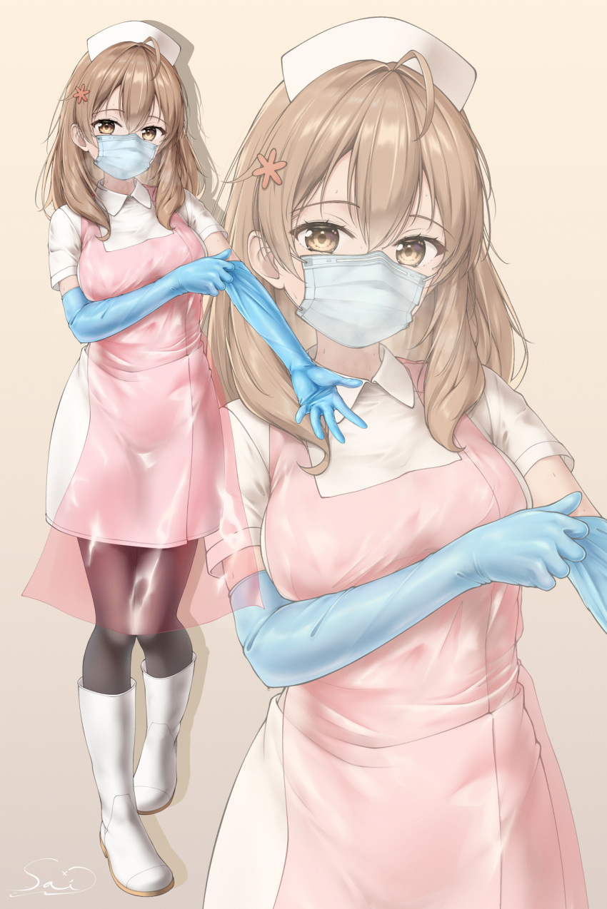 Safebooru - 1girl ahoge alternate costume apron black pantyhose boots brown eyes brown hair ...