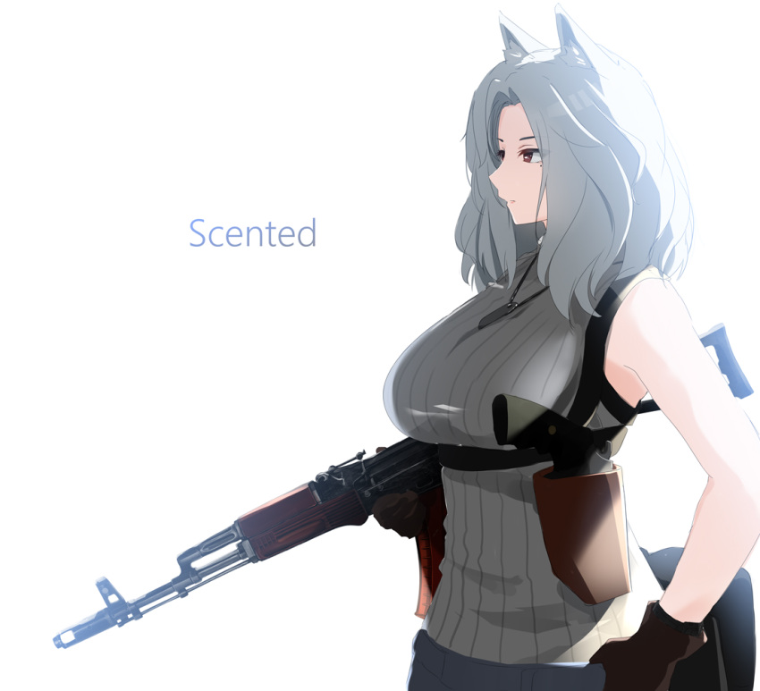 Safebooru - 1girl ak-47 animal ear fluff animal ears assault rifle bare shoulders breasts brown ...