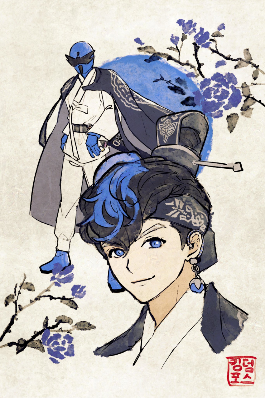 Safebooru - 1boy belt black hair blue eyes blue hair earrings highres jewelry multicolored hair ...