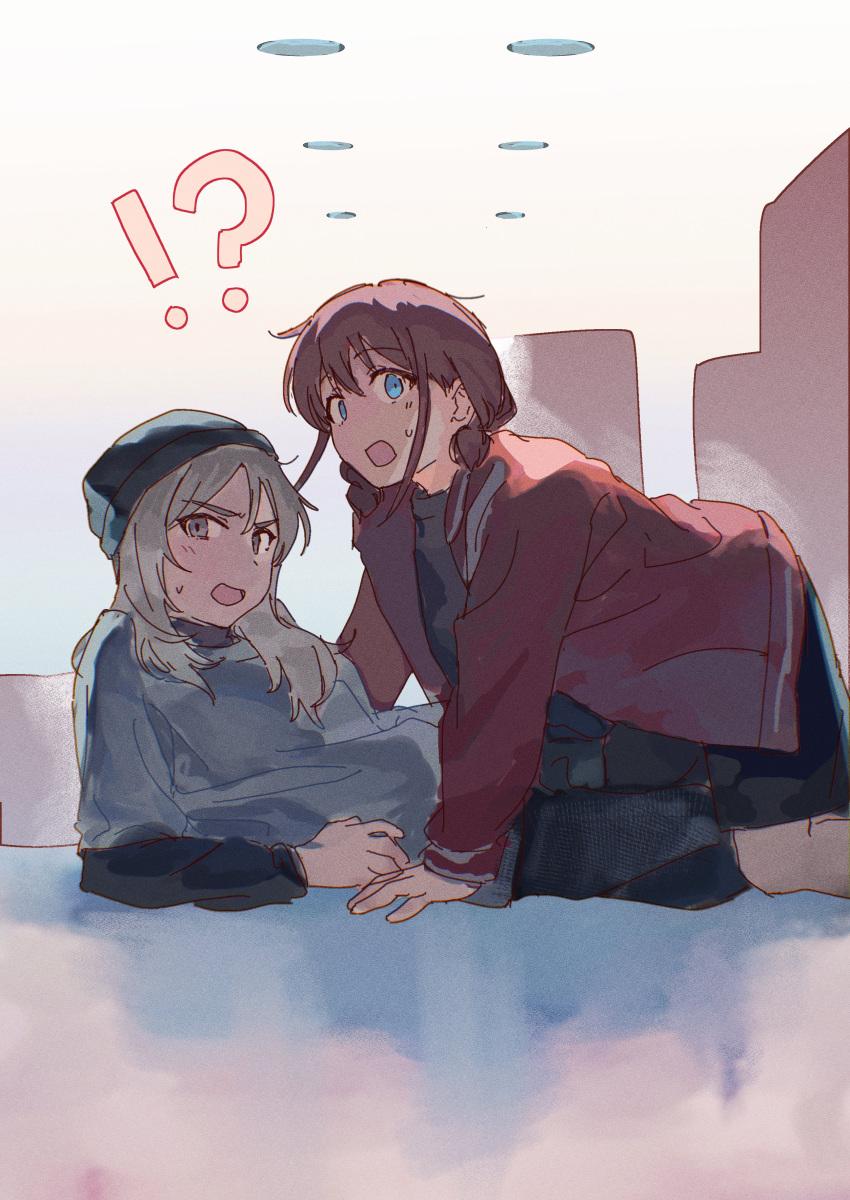 Safebooru - !? 2girls absurdres beanie black hair black shirt blue eyes brown hair girls band ...