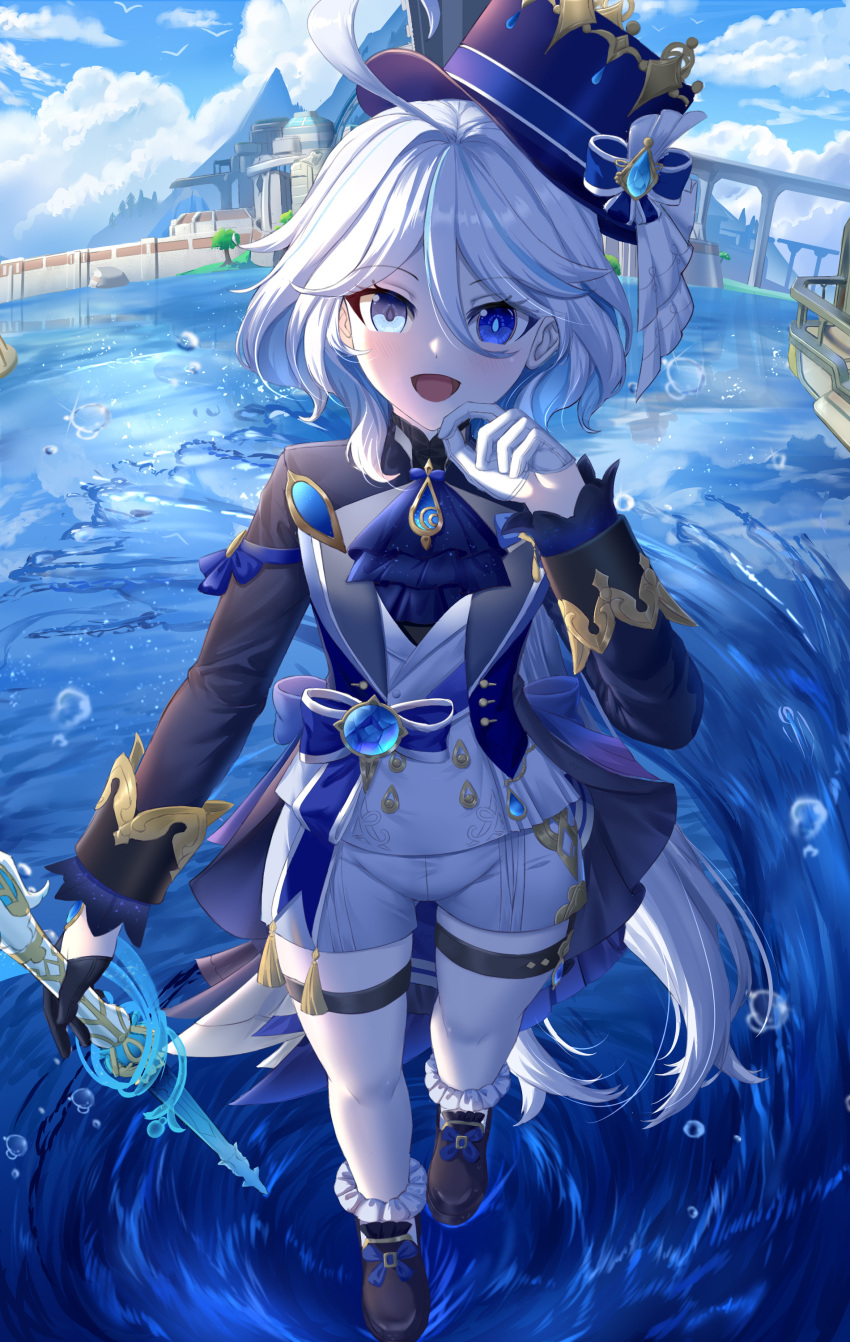 Safebooru - 1girl :d absurdres ahoge ascot asymmetrical gloves black footwear black gloves black ...