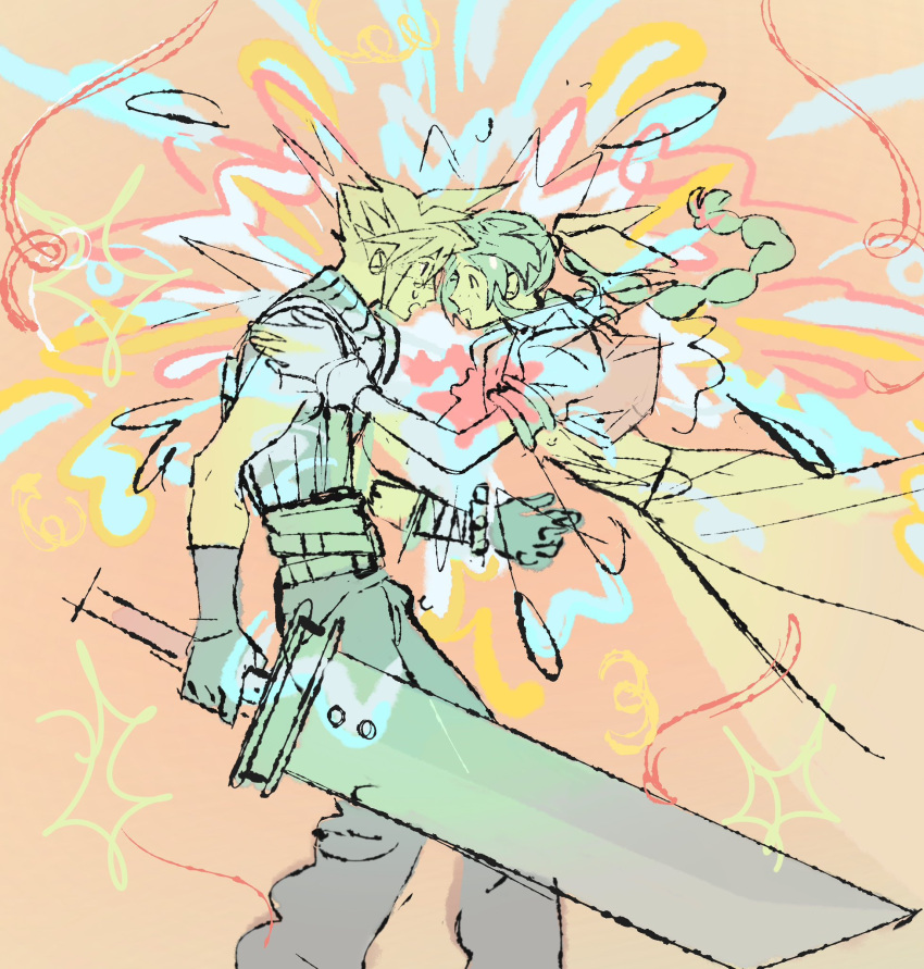 Safebooru - 1boy 1girl aerith gainsborough baggy pants bandaged arm bandages bangle belt blonde ...