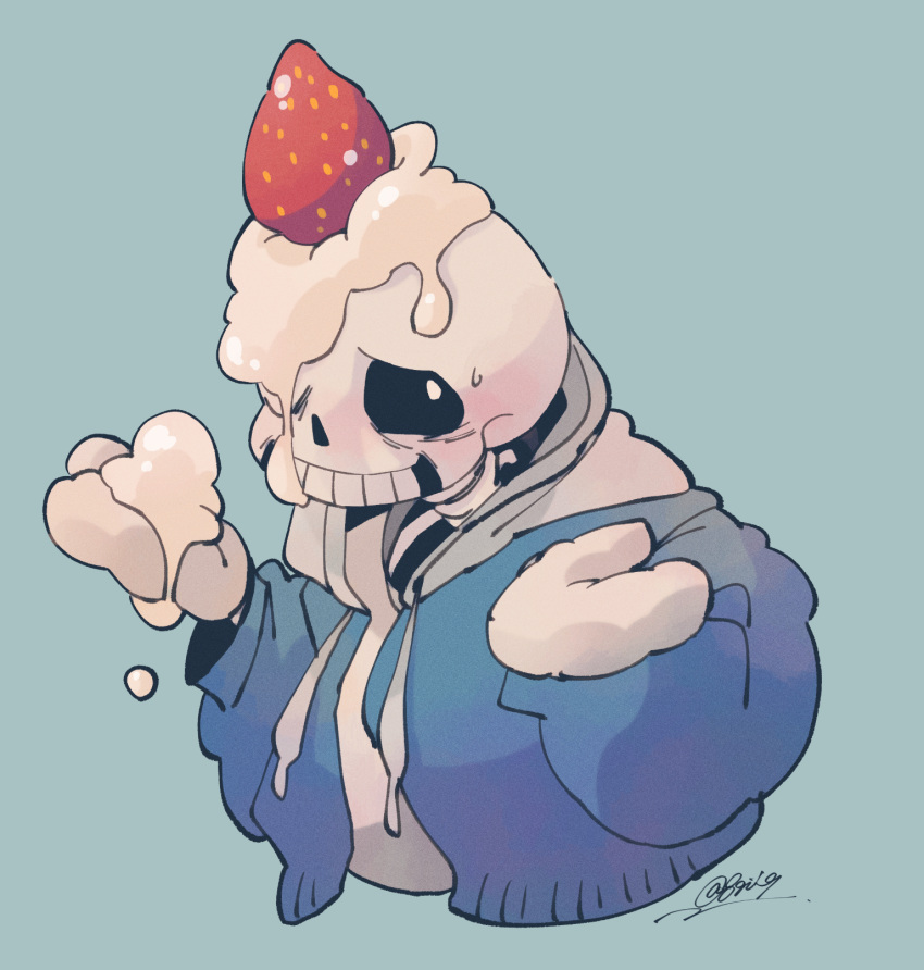 Safebooru - 1boy blue background blue jacket cream food fruit gloves ...