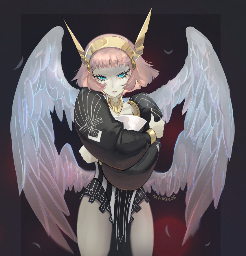 Safebooru - 1girl absurdres angel wings artist name black border blue eyes border closed mouth ...
