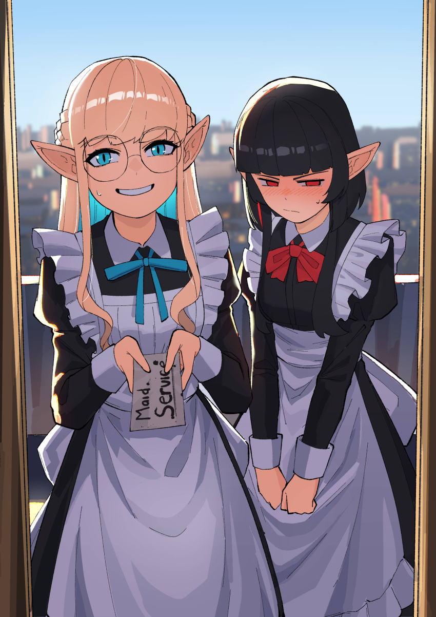 Safebooru - 2girls absurdres black hair blonde hair blue eyes blue hair blunt bangs blush ...