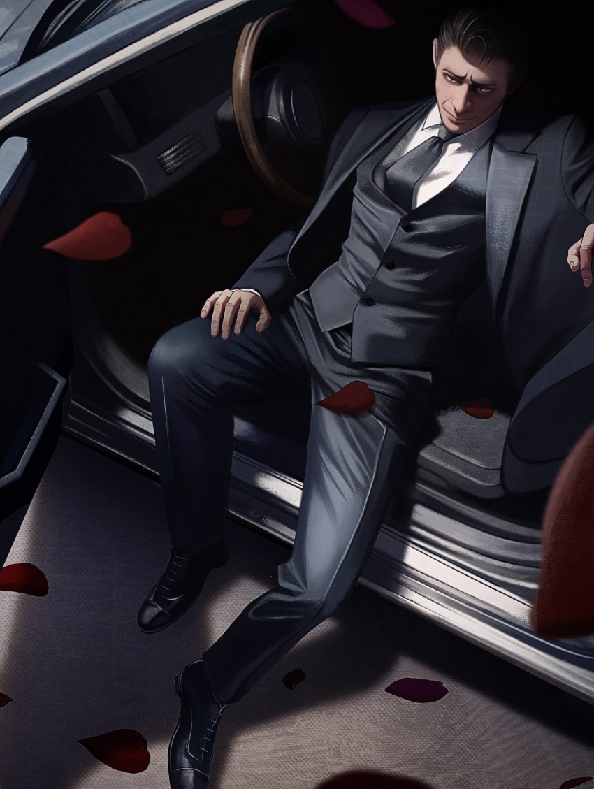 Safebooru - 1boy arm rest black hair black jacket black necktie black pants black shoes black ...