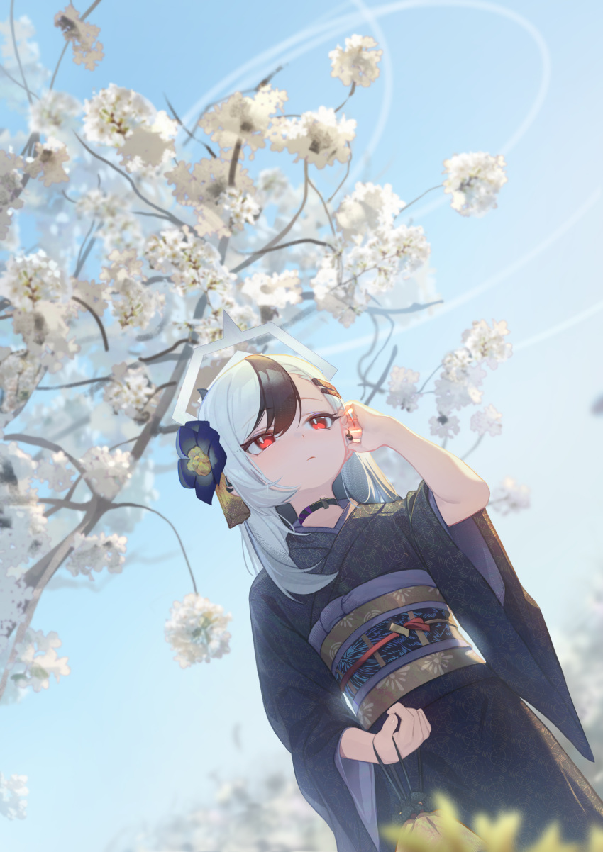 Safebooru - 1girl absurdres black hair black horns black kimono blue archive blurry cherry ...