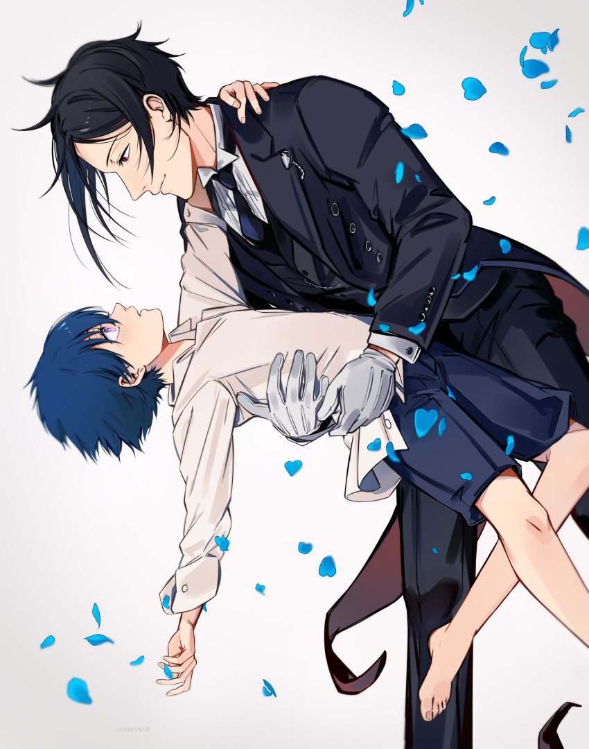Safebooru - 2boys absurdres black hair black suit blue hair ciel phantomhive highres holding ...