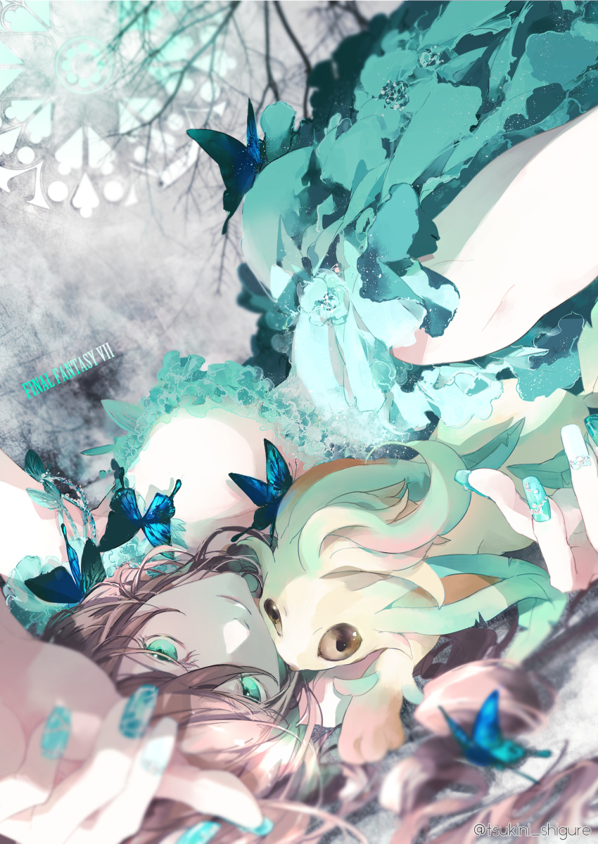 Safebooru - 1girl aerith gainsborough alternate costume aqua dress aqua nails blue butterfly ...