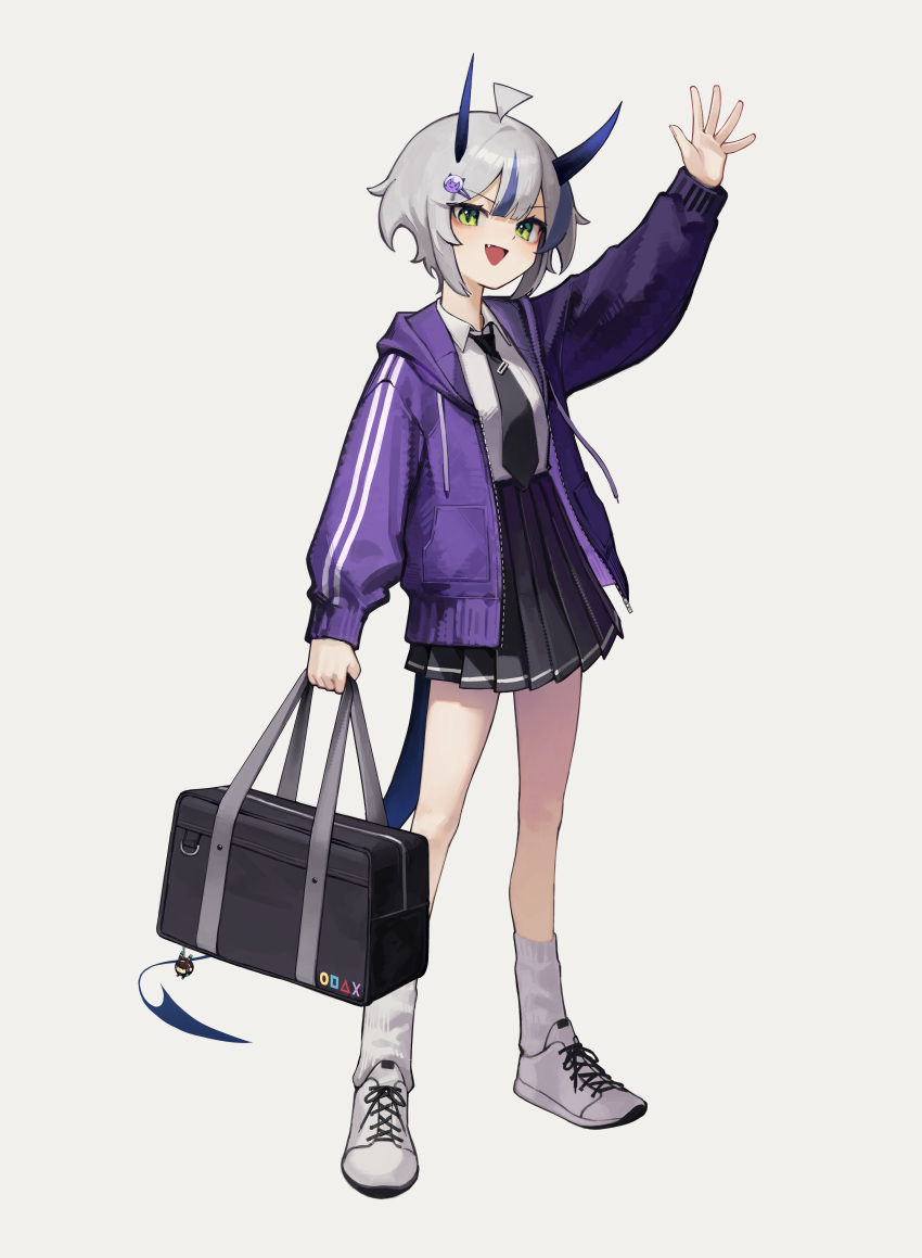 Safebooru - 1girl :d absurdres ahoge arm up bag black necktie black ...