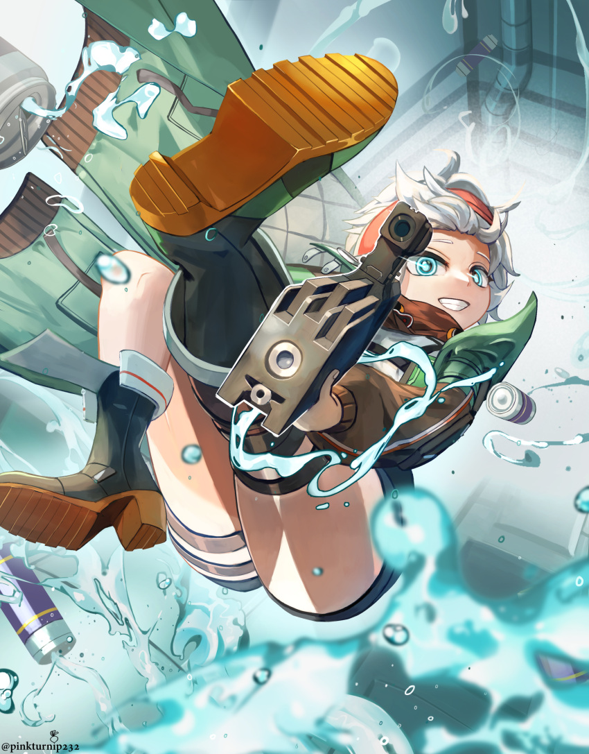 Safebooru - 1girl absurdres aiming aiming at viewer assault rifle bare legs black shorts blue ...