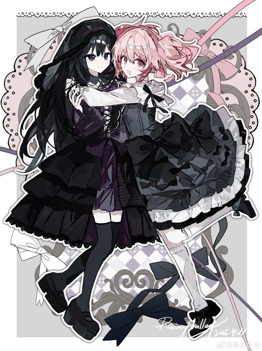 Safebooru - 2girls :d absurdres akemi homura alternate costume black dress black eyes black hair ...