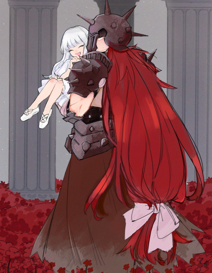 Safebooru - 1boy 1girl armor carrying carrying person closed eyes dress ender lilies quietus of ...