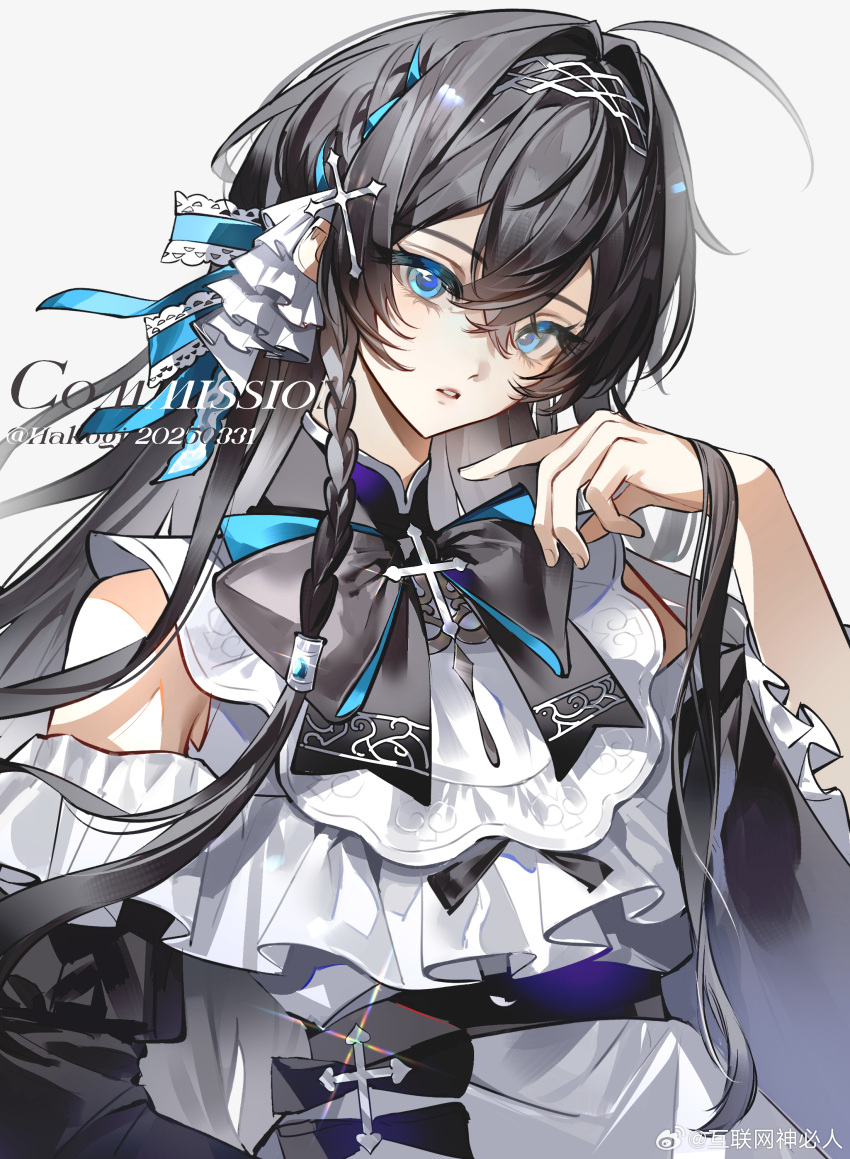 Safebooru - 1girl absurdres black bow black hair blue eyes bow cross dress grey background hair ...