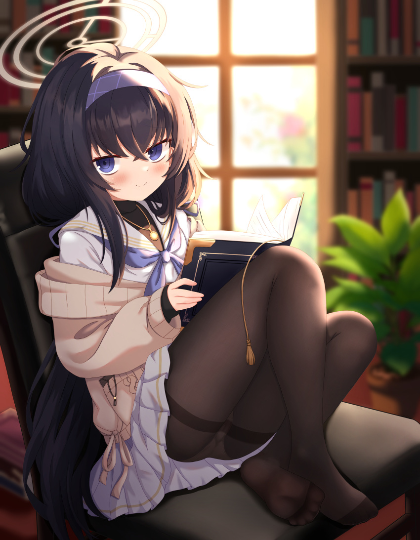 Safebooru - 1girl absurdres black hair black pantyhose blue archive blue eyes blue hairband book ...
