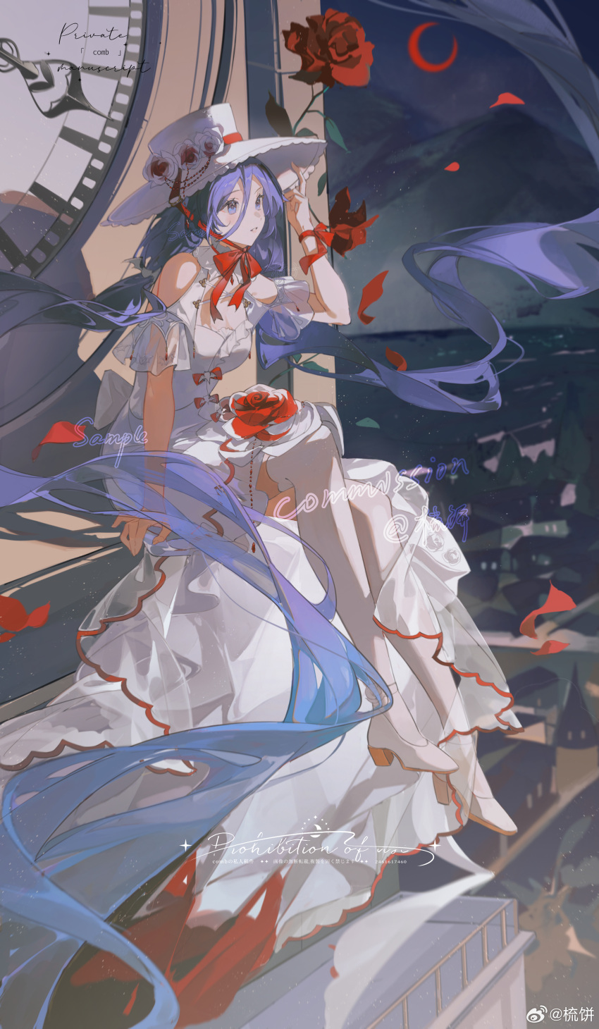 Safebooru - 1girl absurdly long hair absurdres blue eyes blue hair bow dress flower full body ...
