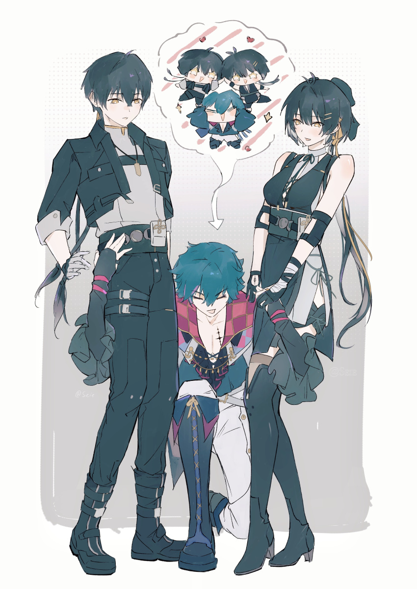 Safebooru - 1girl 2boys absurdres bandaged hand bandages bare shoulders black boots black dress ...