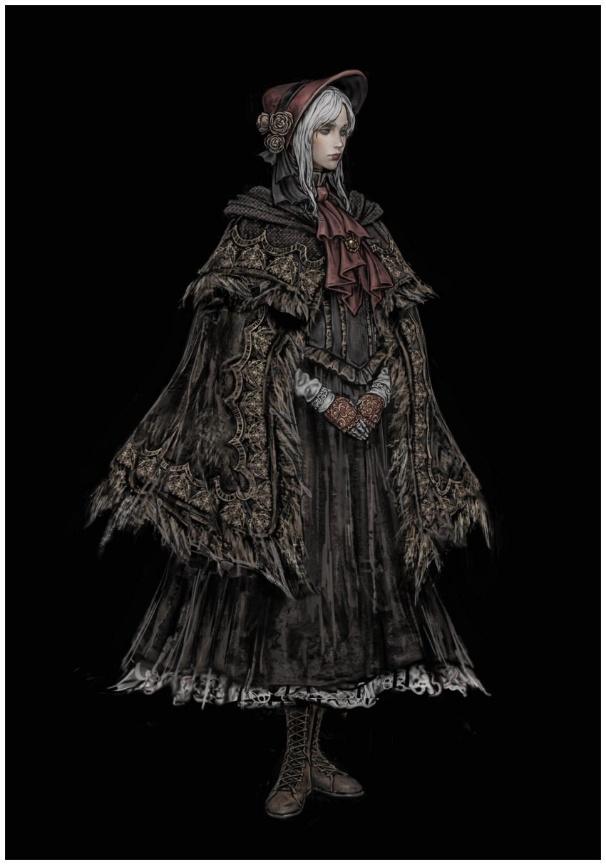 Safebooru - 1girl absurdres ascot black background black cloak black dress bloodborne boots ...