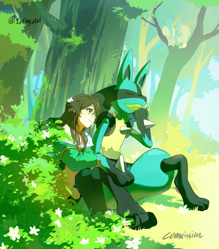 Safebooru - 1girl brown hair closed mouth commentary request commission day flower green eyes ...