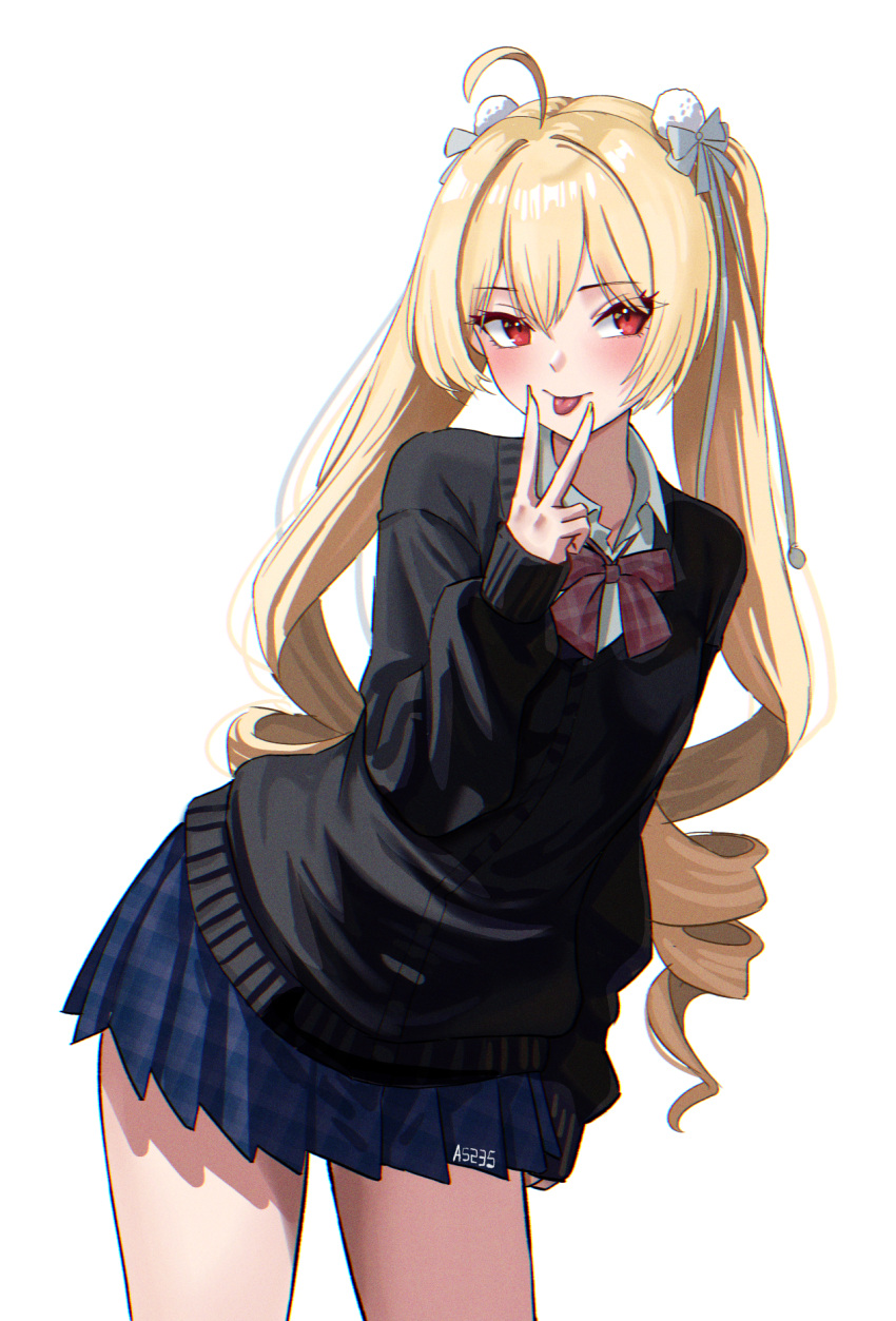 Safebooru - 1girl a5235 ahoge alternate hairstyle black cardigan blonde hair blue skirt bow ...