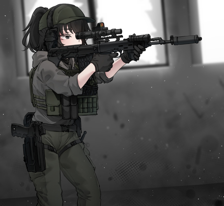 Safebooru - 1girl absurdres aiming ammunition pouch black hair brown hair brown hat brown pants ...