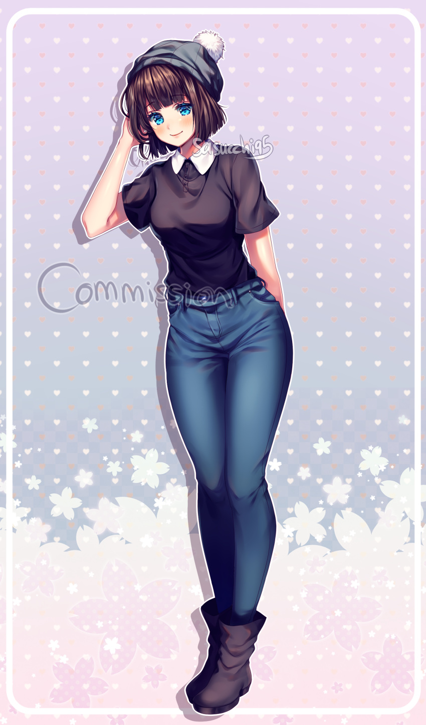 Safebooru - 1girl absurdres ankle boots arm behind back artist name beanie black boots black ...