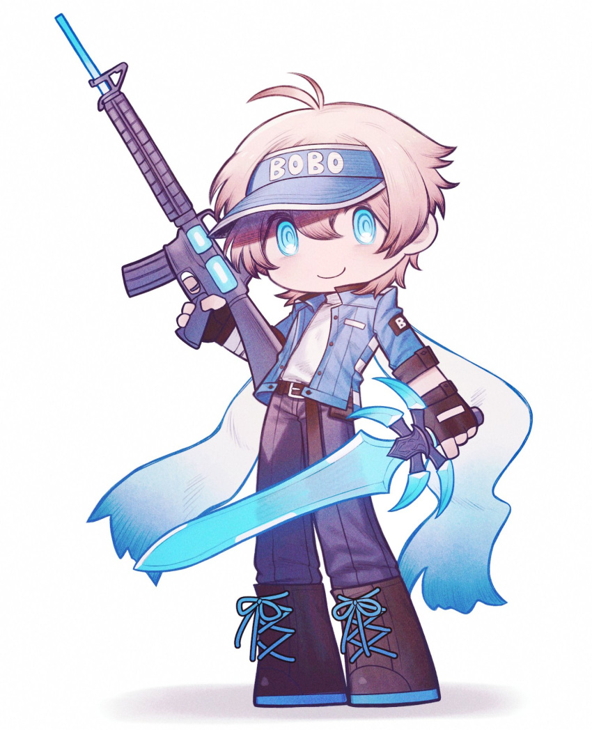 Safebooru - 1boy appleheart04 black boots blonde hair blue pants blue visor bobo (evade) boots ...