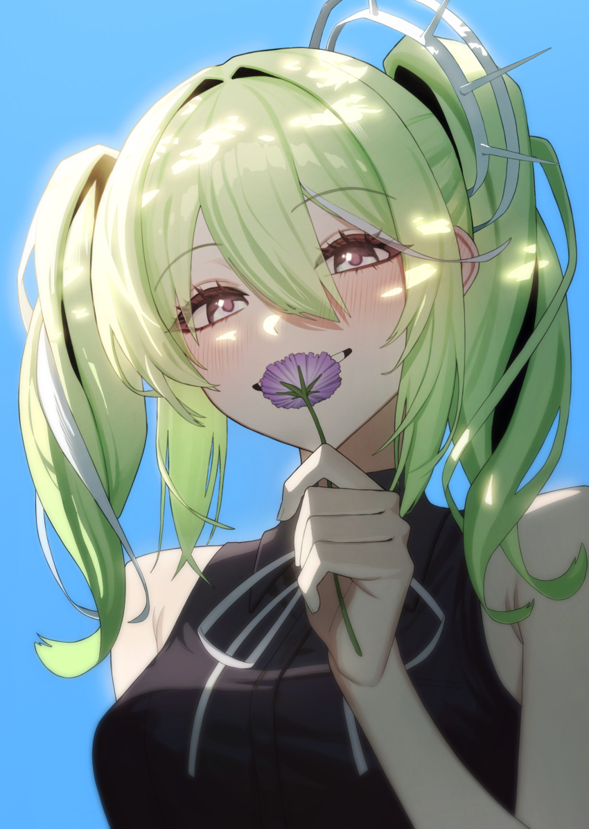 Safebooru - 1girl absurdres armpit crease bare shoulders black shirt blue background breasts ...