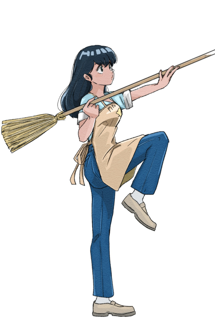 Safebooru - 1girl apron blue eyes blue hair broom chick print denim highres holding holding ...