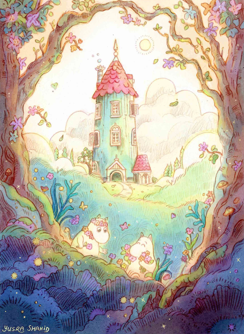 Safebooru - artist name clouds flower flower wreath grass head wreath ...