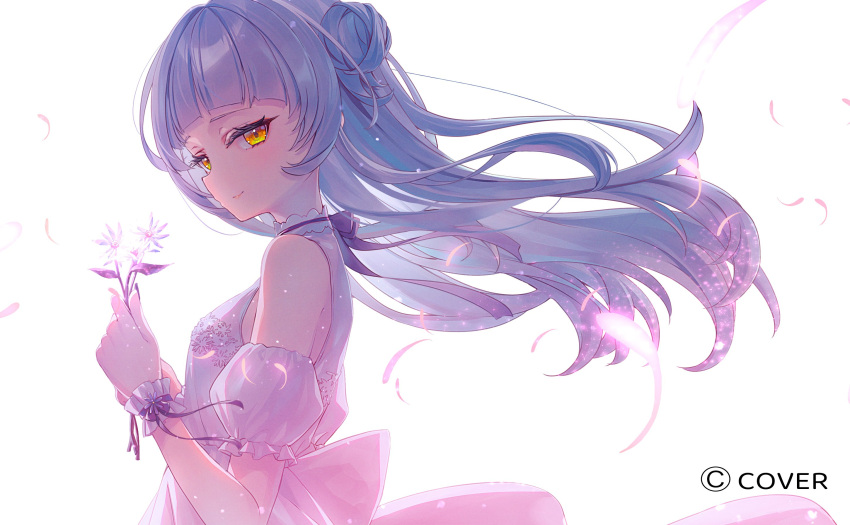 Safebooru - 1girl chihiro ayaka closed mouth detached sleeves dress floating hair flower grey ...