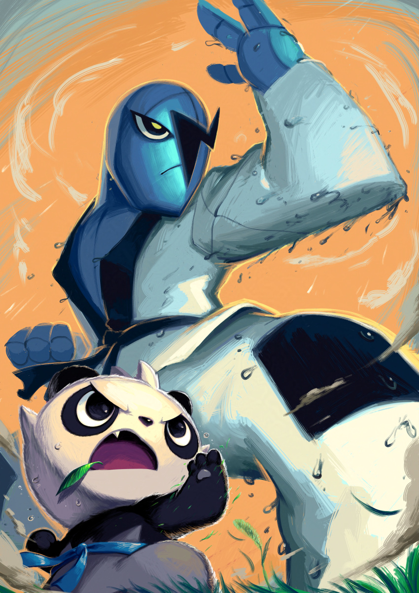 Safebooru - absurdres black eyes closed mouth commentary fang fighting stance from below frown ...