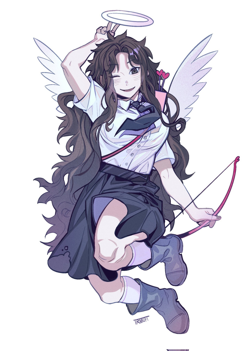 Safebooru - 1girl angel wings bao (hanstrmoft) black boots black necktie black skirt boots bow ...