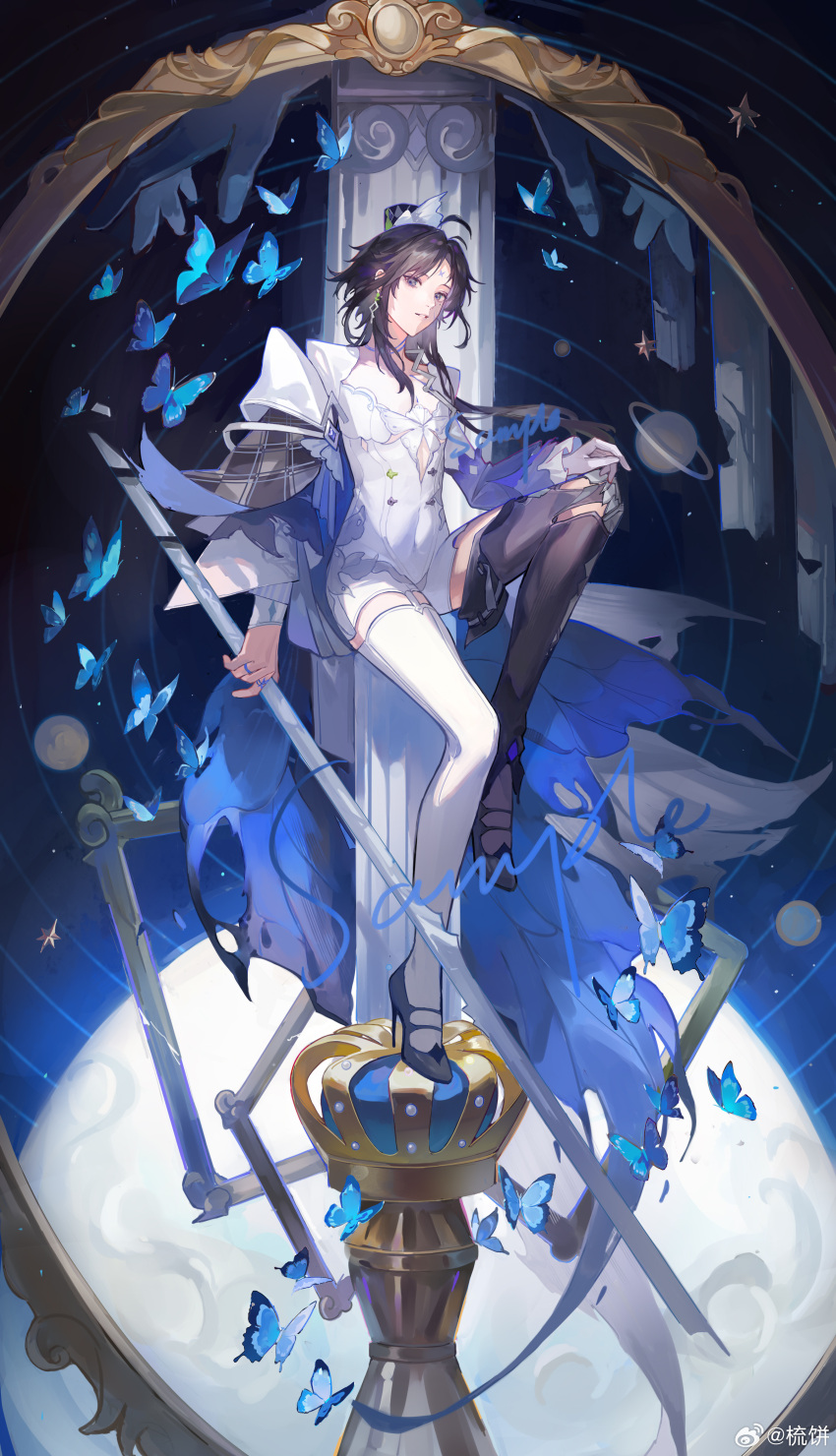 Safebooru - 1boy absurdres black hair blue butterfly bug butterfly full body highres looking at ...